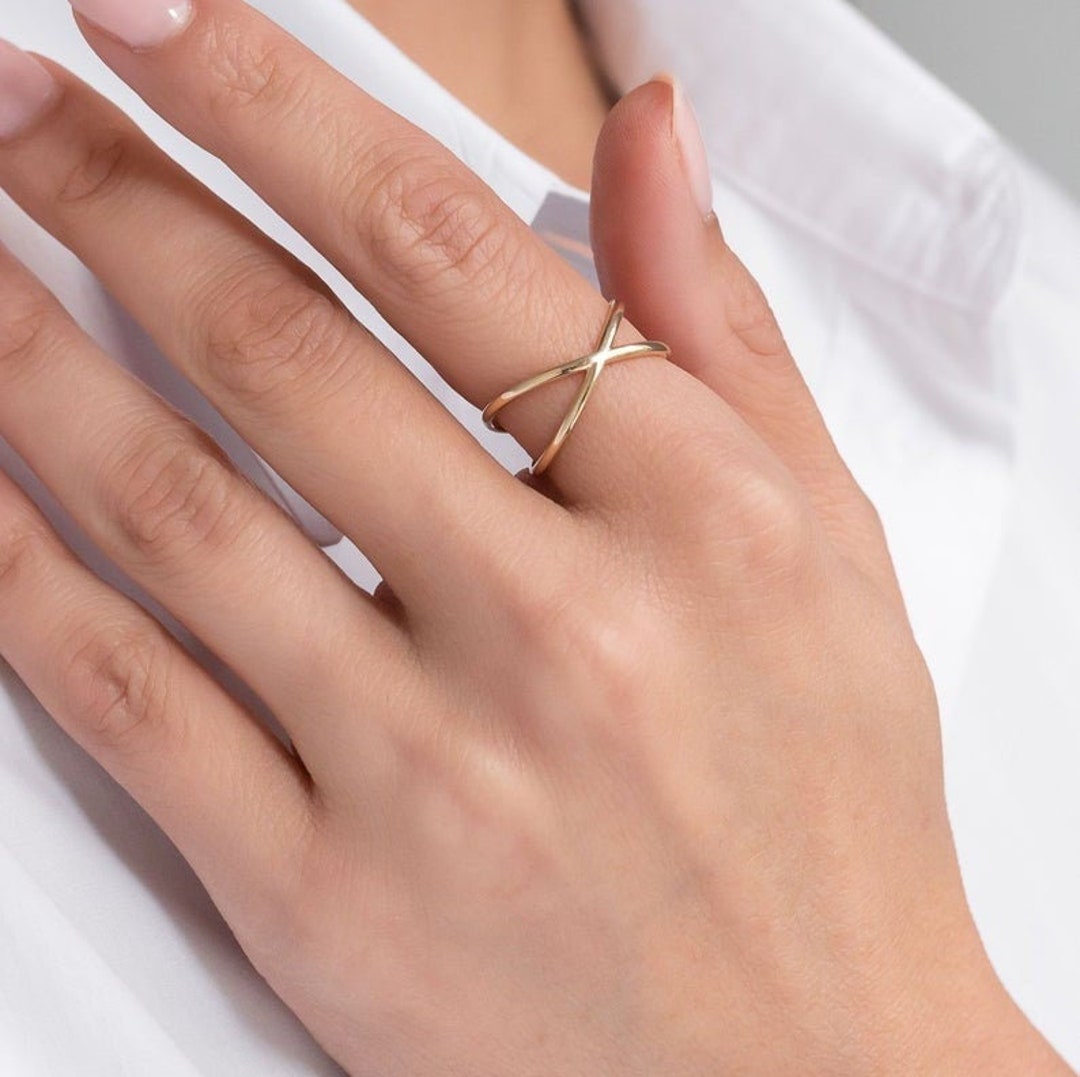 14K Solid Gold Dainty Gold X Ring, Gold Criss Cross Ring, Gold X Ring ...