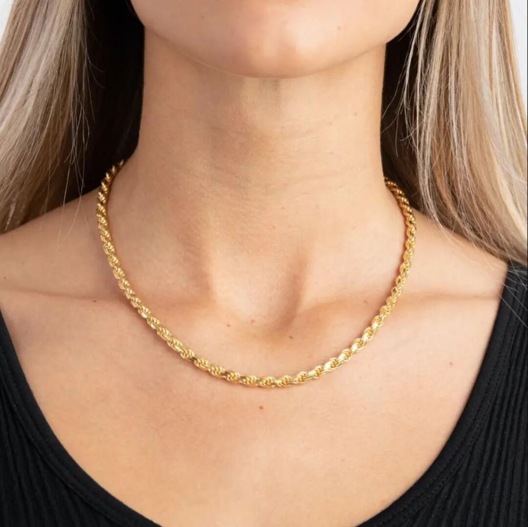 14K Solid Yellow Gold Rope Necklace, 6mm 14K Real Gold Rope Chain ...