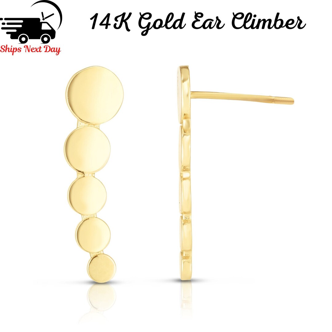 14K Solid Gold Graduated Circle Ear Climber, 14K Ear Cuff, Ear Crawler ...
