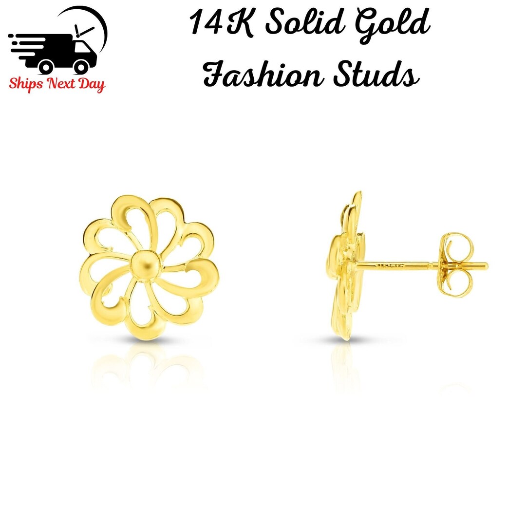 14K Solid Gold Flower Stud Earrings, Yellow Gold Flower Set, Minimalist ...
