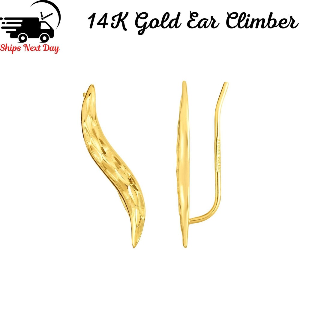 14K Solid Gold Sparkle Twisted Curved Ear Climber, 14K Ear Cuff, Ear ...
