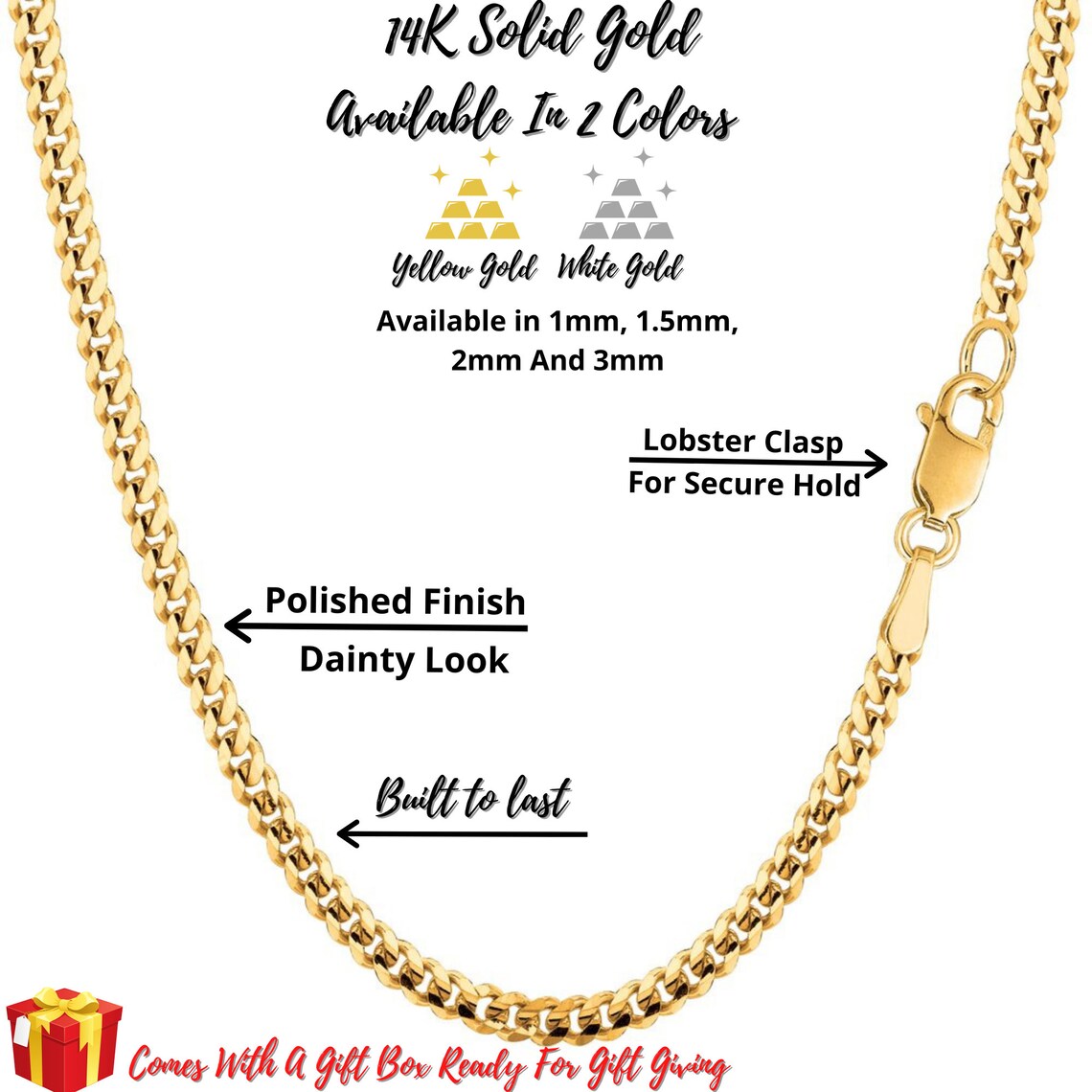 14K Solid Yellow Gold 3mm Gourmette Chain Miami Cuban - Etsy