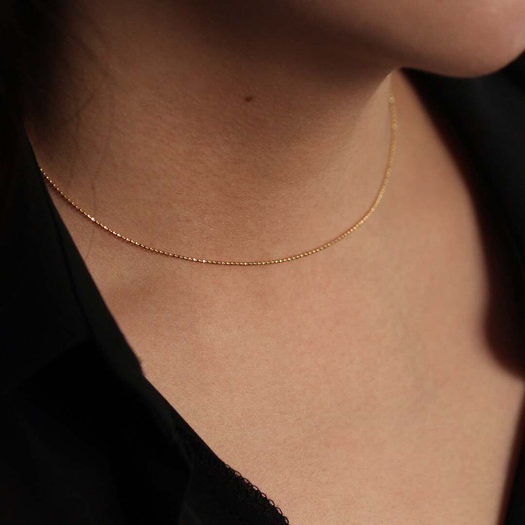 14K 1mm Round Diamond Cut Solid Gold Bead Ball Chain, Necklace, Real ...