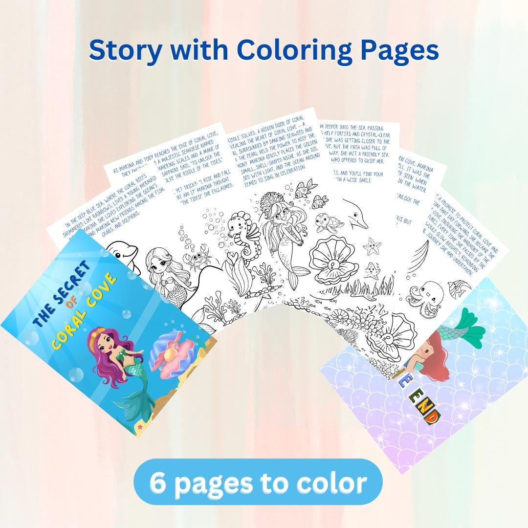 Printable Mermaid Story Coloring Book 6 Pages to Color Kids Girls Party ...