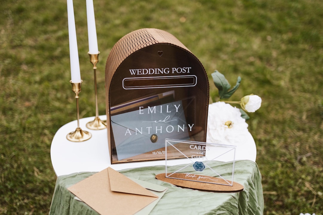 Wedding Post Card Box With Slot, Acrylic Card Box With Print, Reception ...