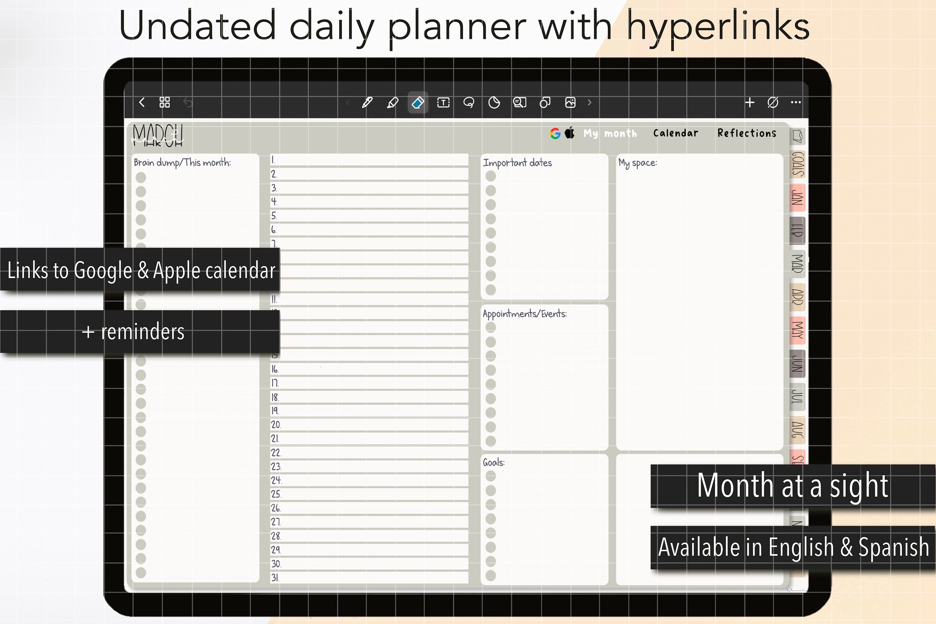 UNDATED DAILY Digital PLANNER in English and Spanish. Apple Calendar ...
