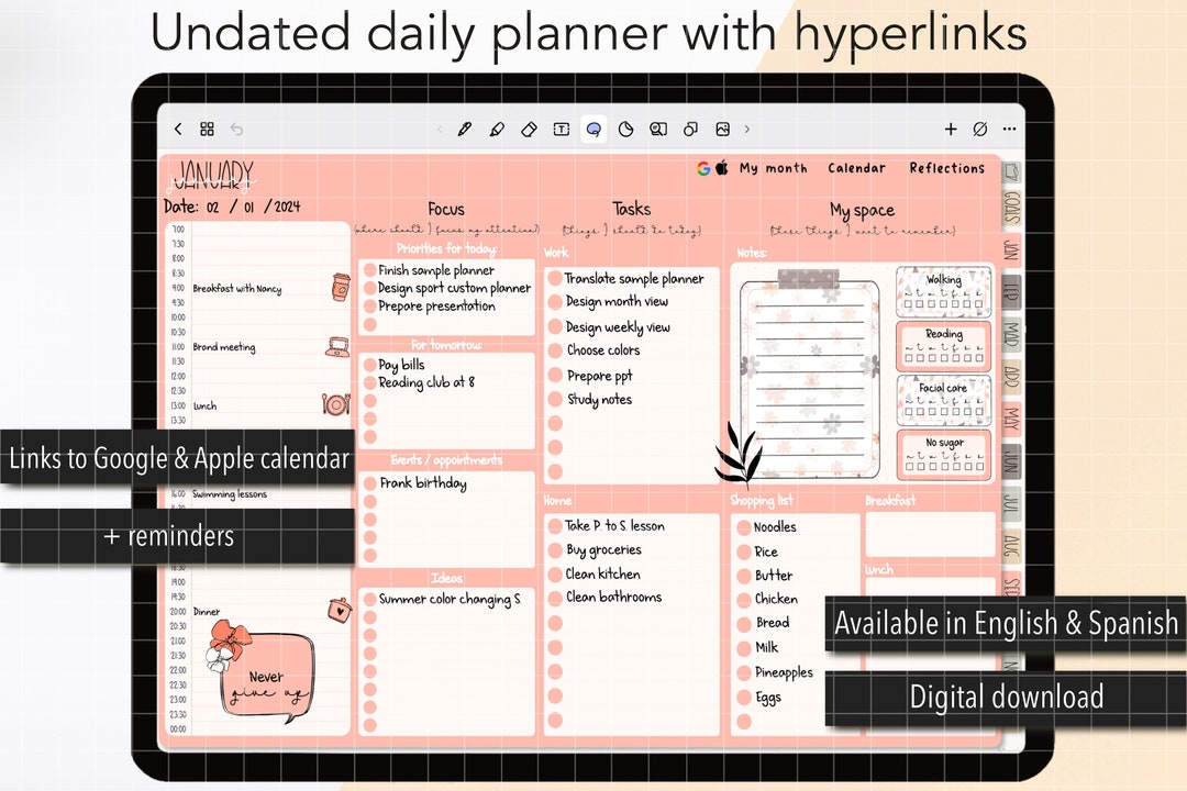 UNDATED DAILY Digital PLANNER in English and Spanish. Apple Calendar ...