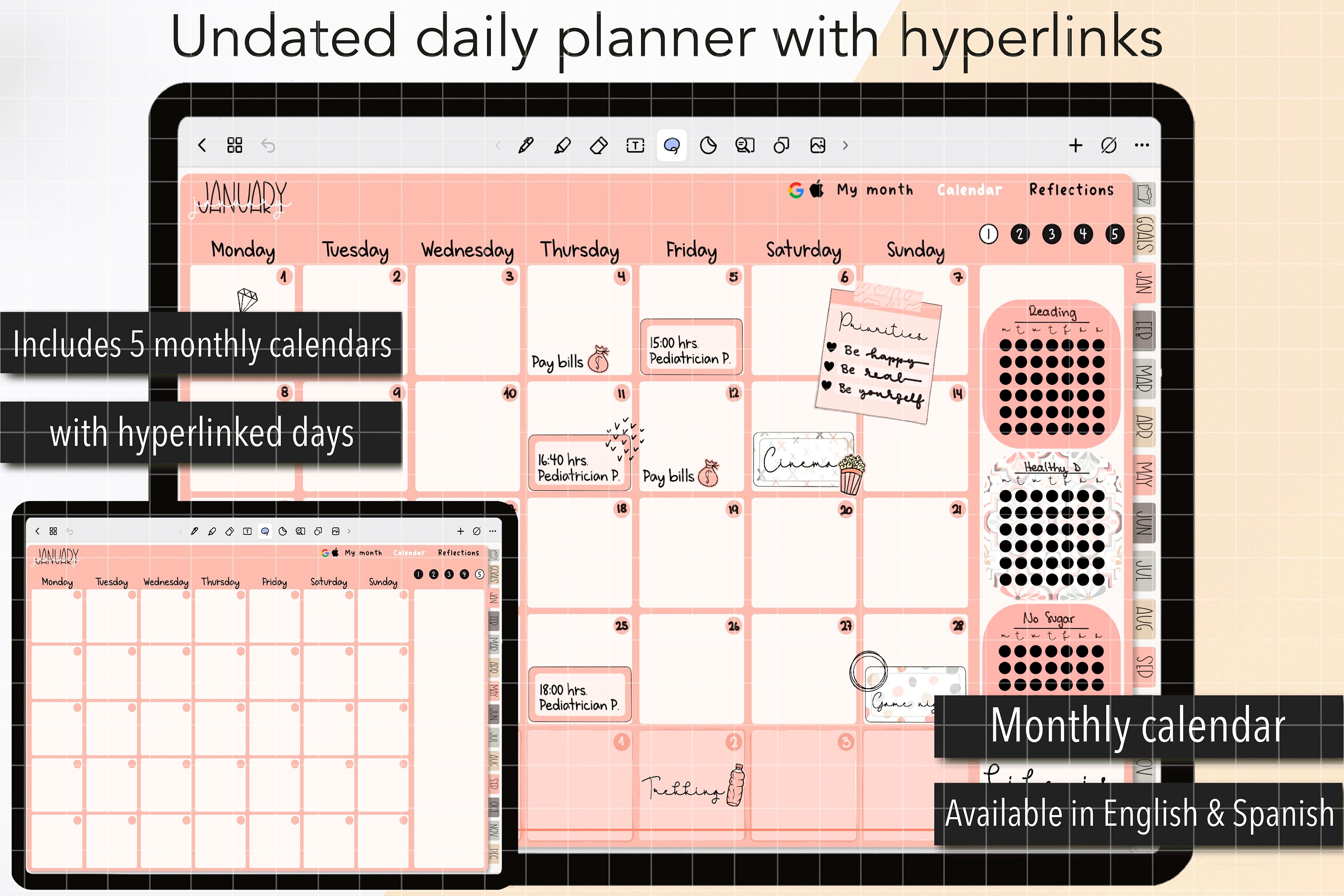 UNDATED DAILY Digital PLANNER in English and Spanish. Apple Calendar ...
