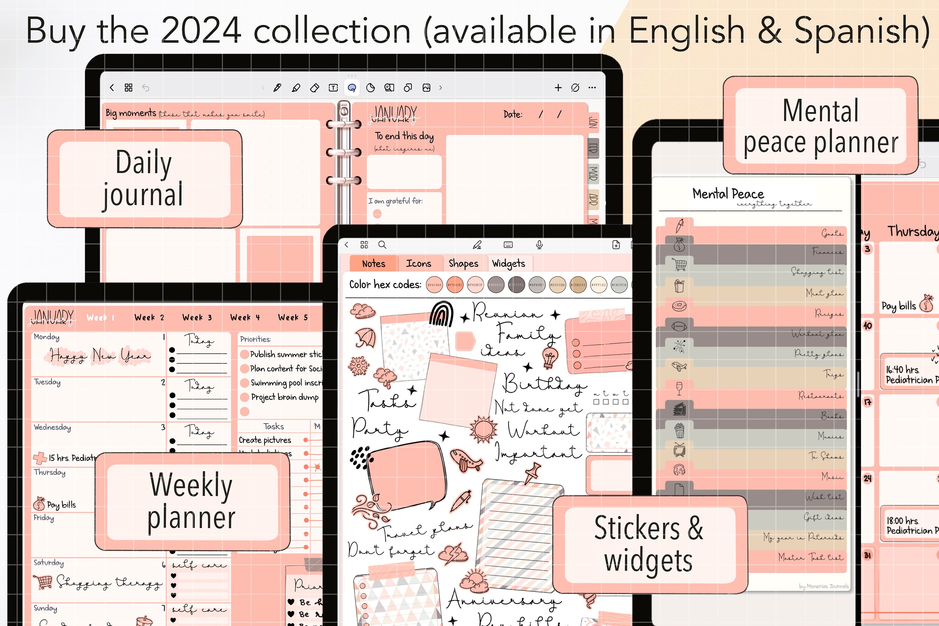 UNDATED DAILY Digital PLANNER in English and Spanish. Apple Calendar ...