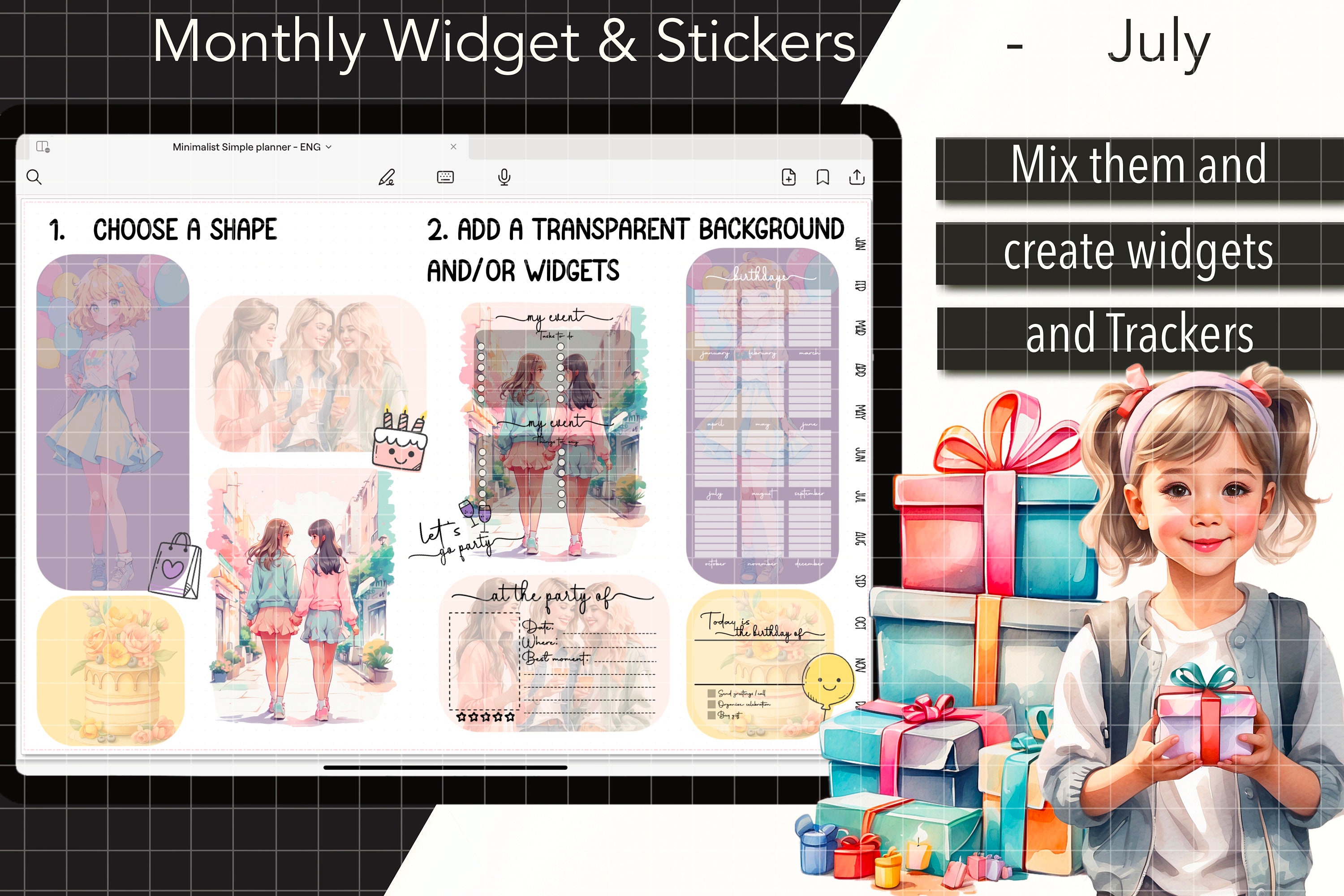 Cute BIRTHDAY DIGITAL STICKERS in English and Spanish. 100 Party ...