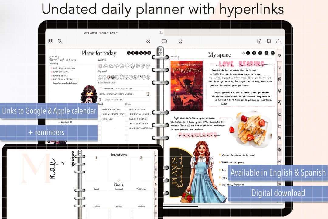 UNDATED DAILY Digital PLANNER in English and Spanish. Apple Calendar ...