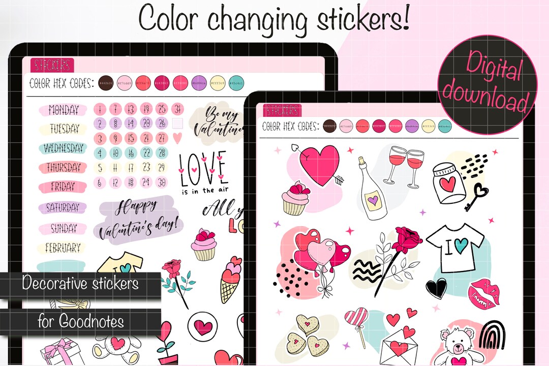 COLOR-CHANGING STICKERS in Spanish for Goodnotes. Valentine's Day Color ...