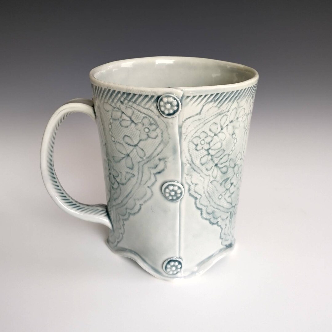 Porcelain Slab Built Mug With Buttons in Pale Blue-gray With Dark Blue ...