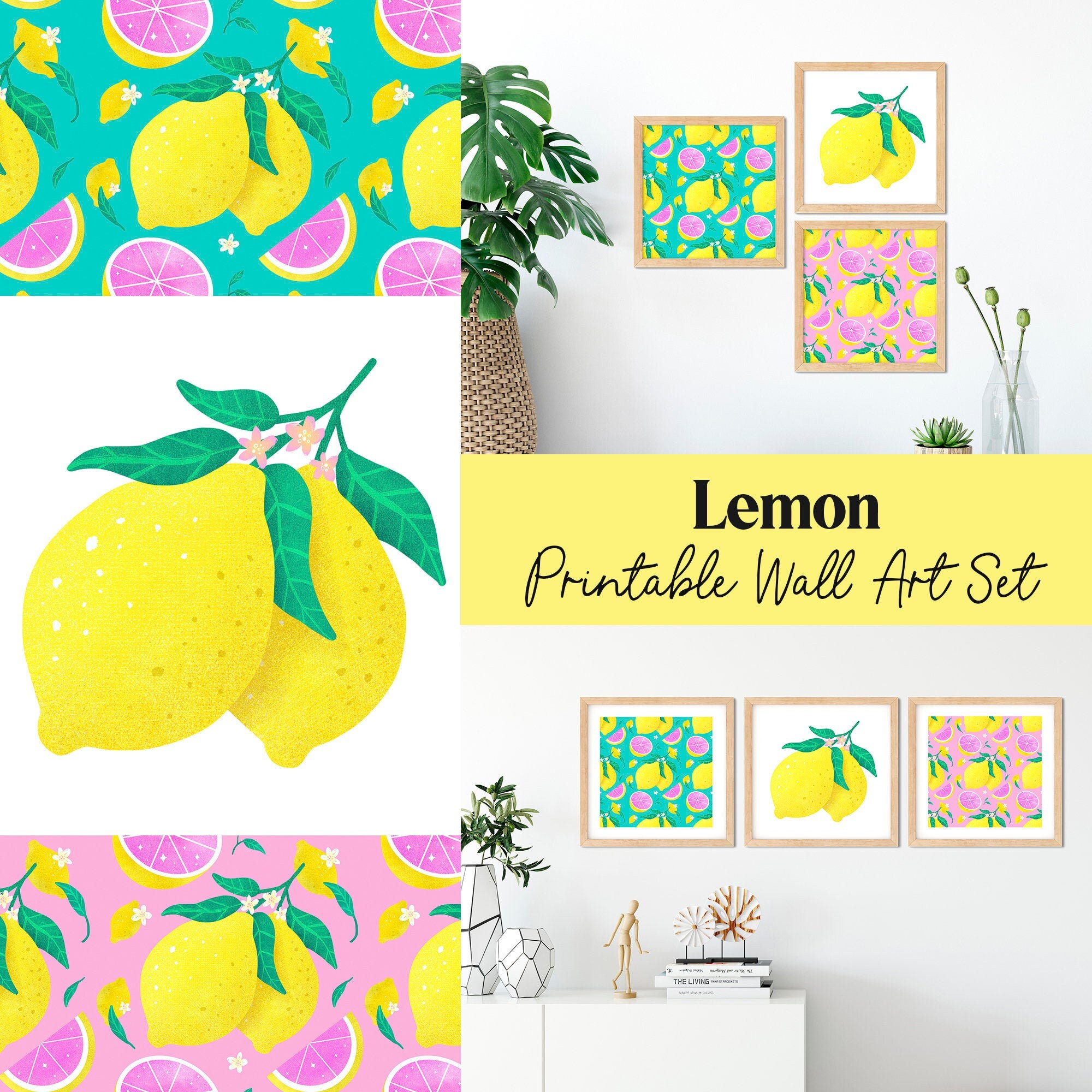 Lemon Art Set, Lemon Print, Kitchen Print, Kitchen Wall Art, Minimalist ...