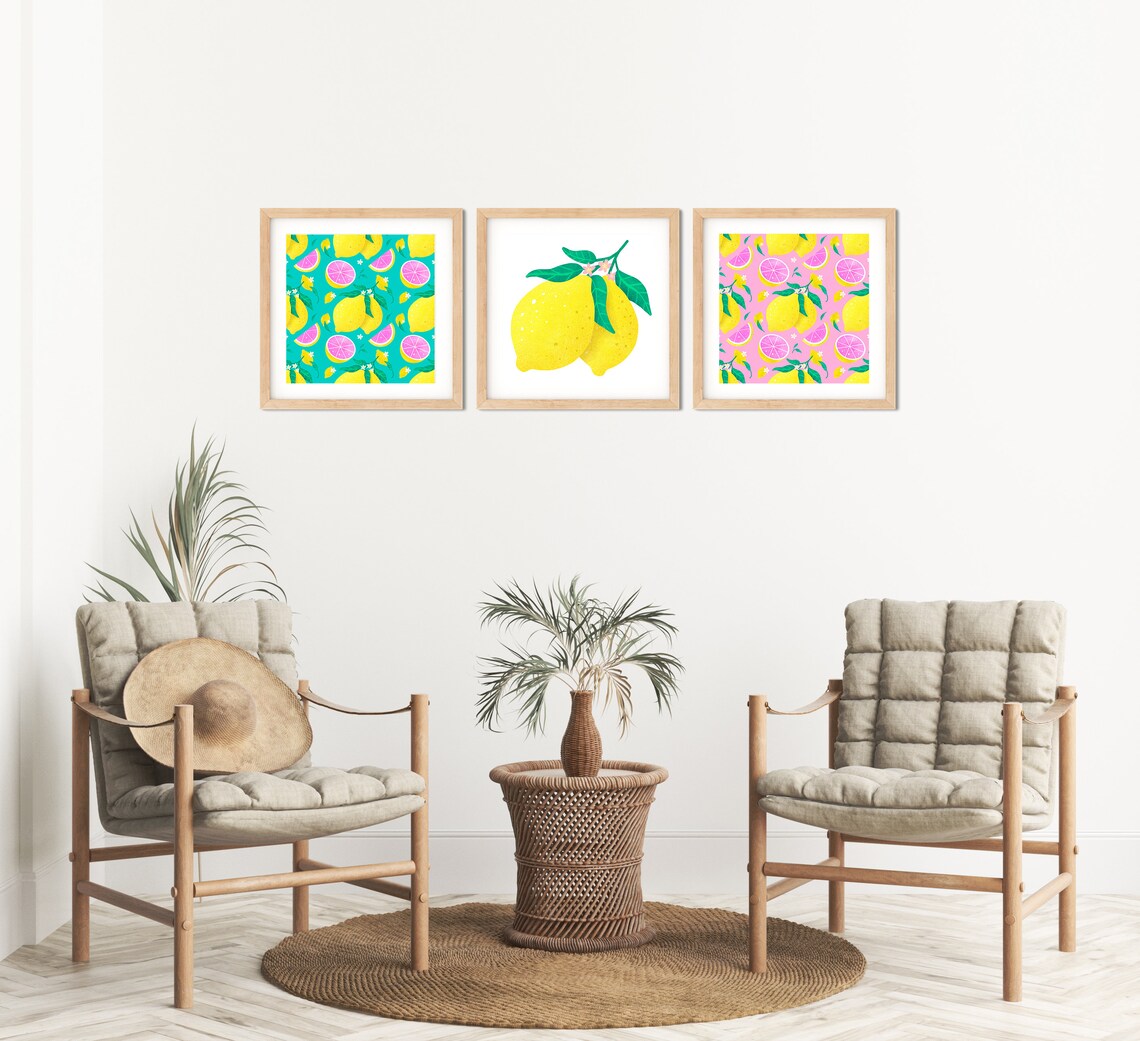 Lemon Art Set, Lemon Print, Kitchen Print, Kitchen Wall Art, Minimalist ...