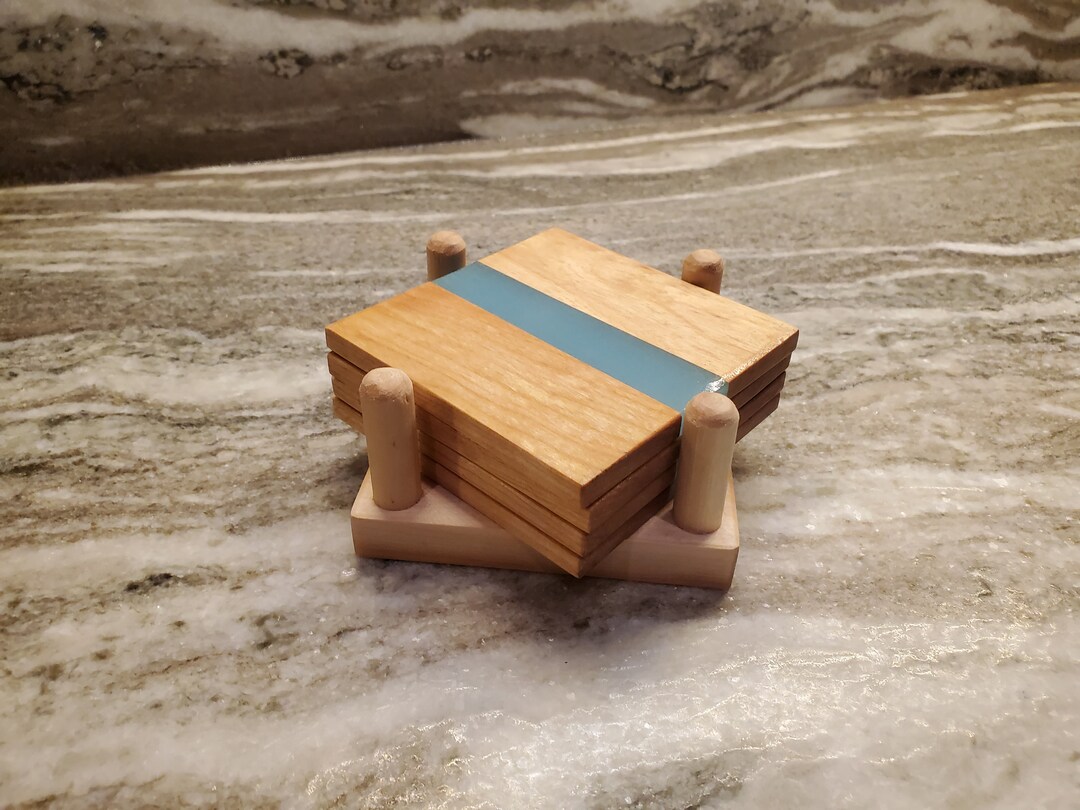 Set of 4 Custom Wood+epoxy Coasters With Coaster Holder - Etsy