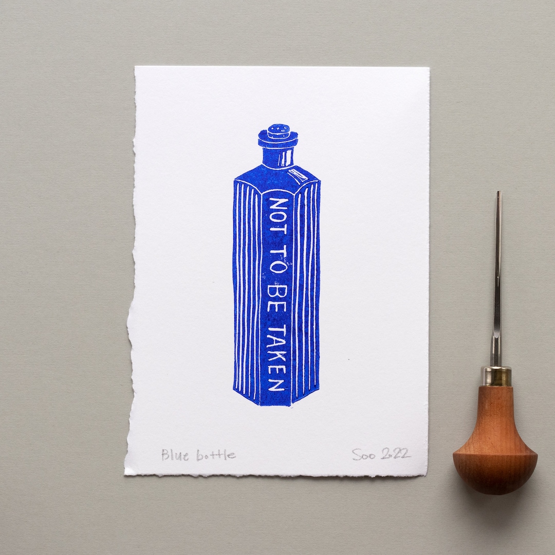 Blue Bottle Linocut Print, Vintage Bottle Lino Print, Original ...
