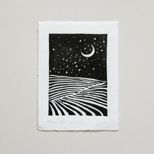 Moonlight Field Linocut Print, Night Field With Moon and Stars Print ...