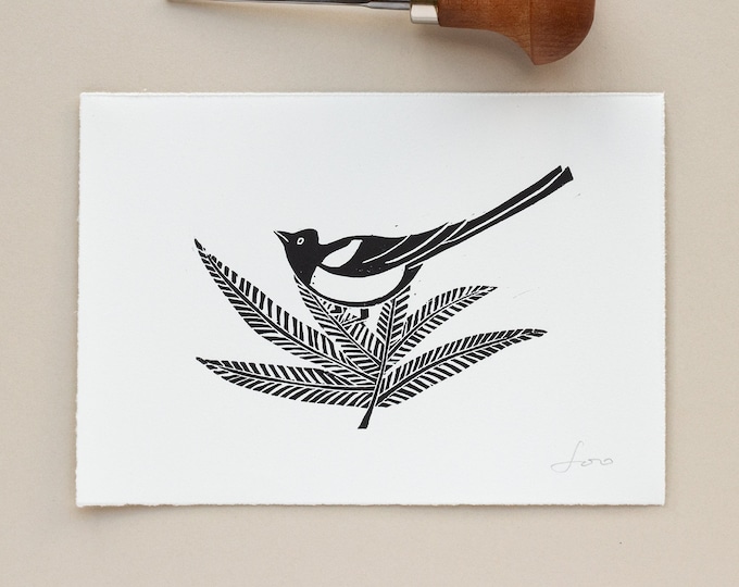 Magpie Linocut Print, Magpie Original Print, Bird Handprinted, Bird Art ...