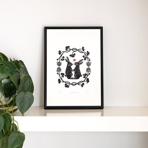 Lucky Rabbits - Original Limited Edition Linocut Print, Rabbits and ...