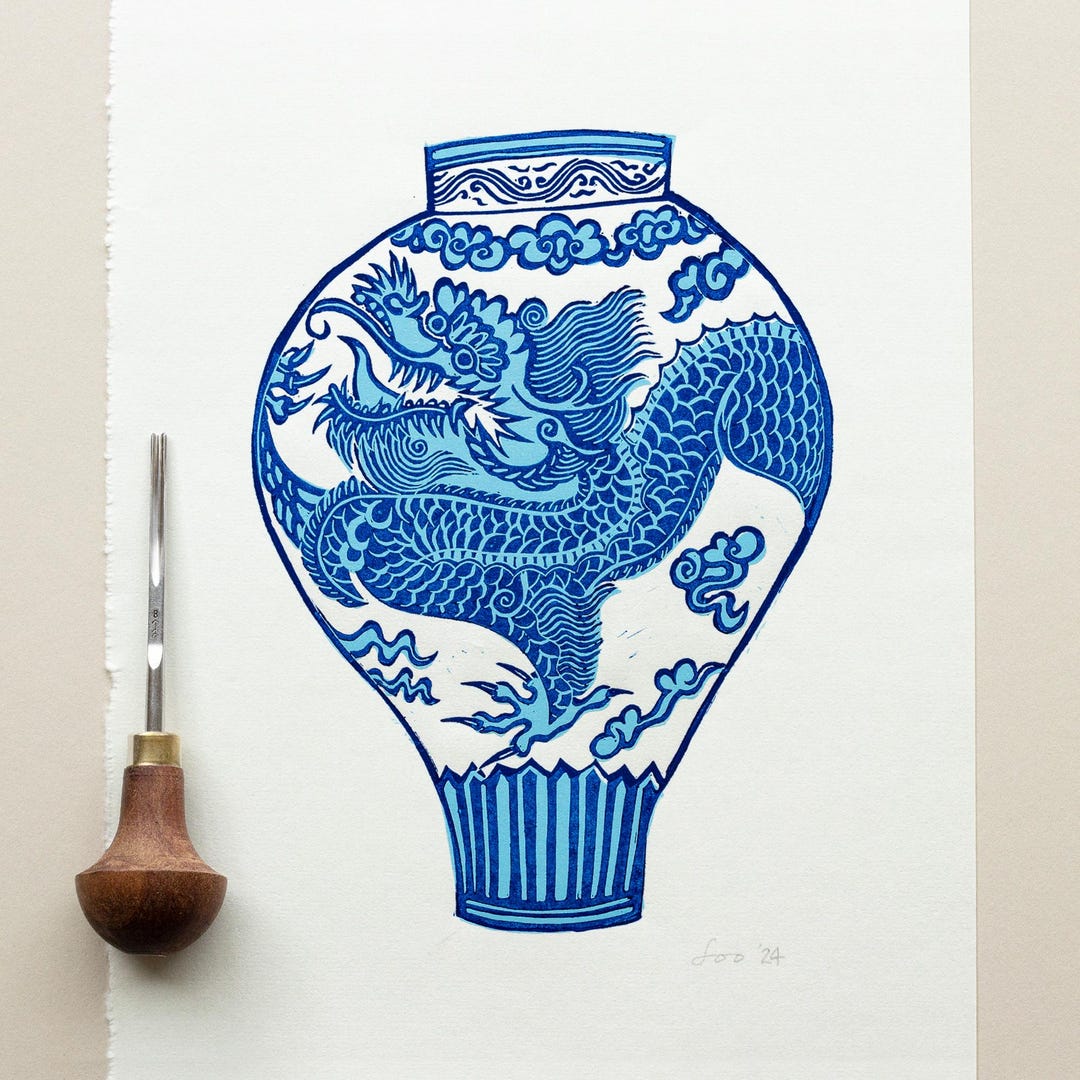 Korean Porcelain Linocut Print With Dragon, White Dragon Jar Original ...