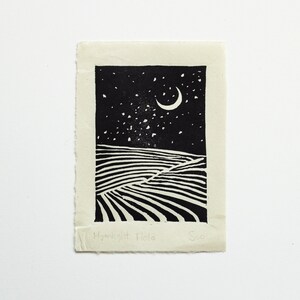 Moonlight Field Linocut Print, Night Field With Moon and Stars Print ...