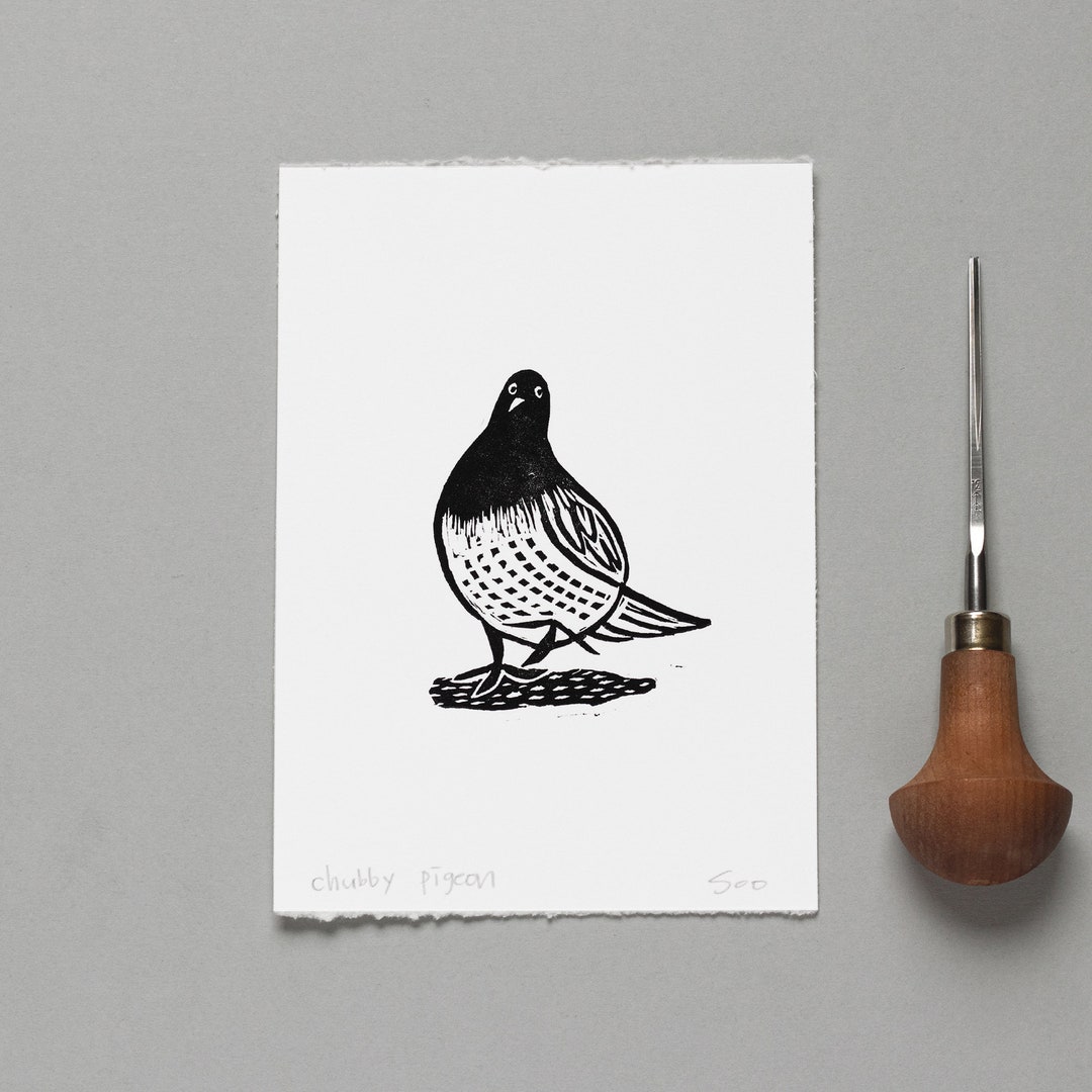 Chubby Pigeon Linocut Print, Pigeon Lino Print, Dove Handprinted, Bird ...