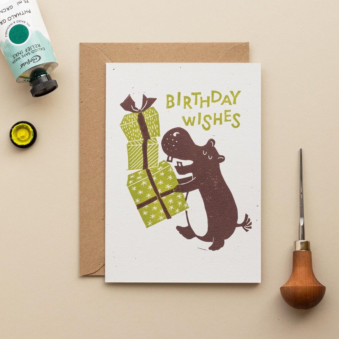 Hippo Birthday Linocut Card, Happy Hippo Greetings Card, Animal ...