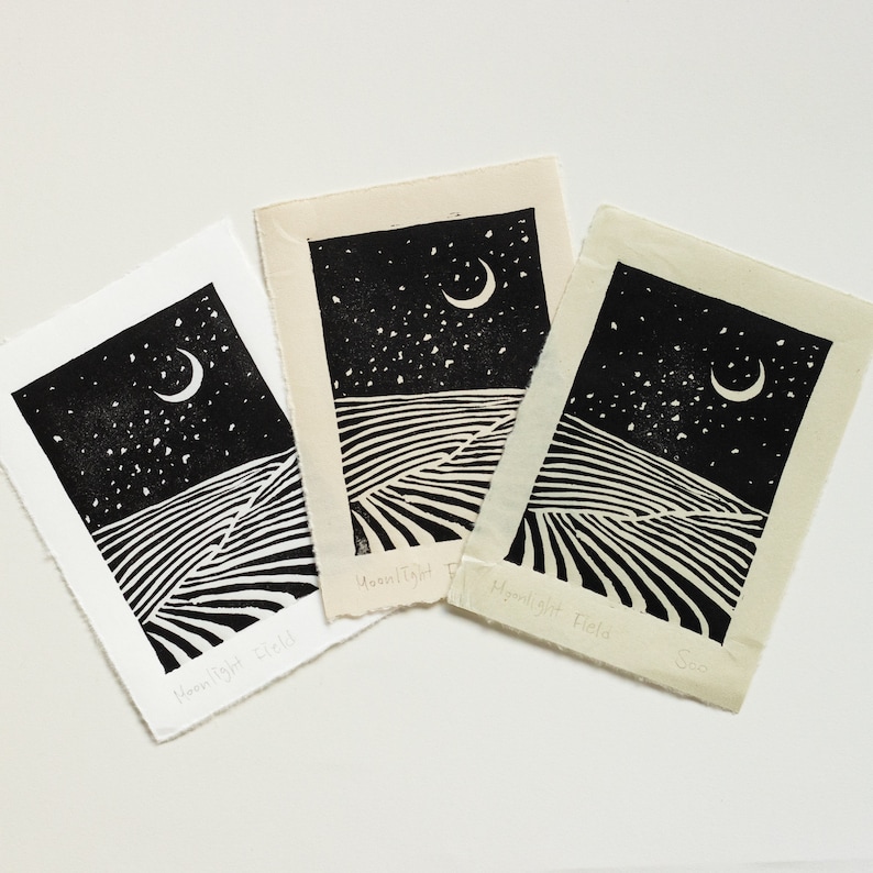 Moonlight Field Linocut Print, Night Field With Moon and Stars Print ...