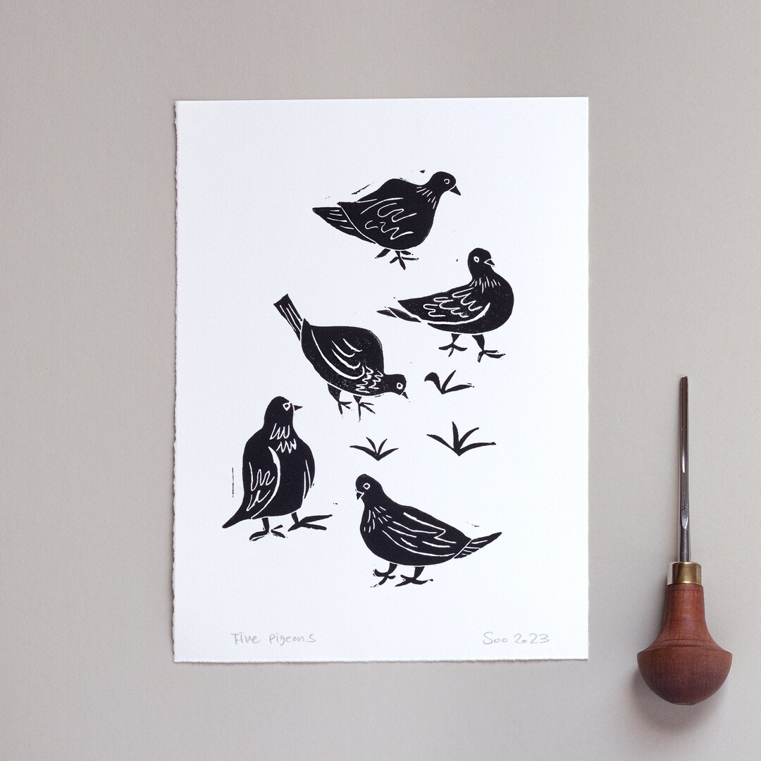 Five Pigeons Linocut Print, Pigeons Lino Print, Dove Handprinted, Bird ...