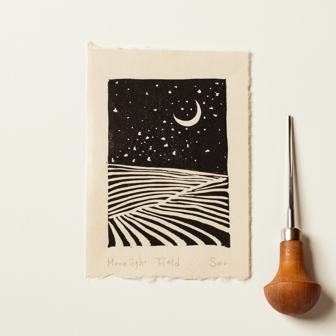 Moonlight Field Linocut Print, Night Field With Moon and Stars Print ...