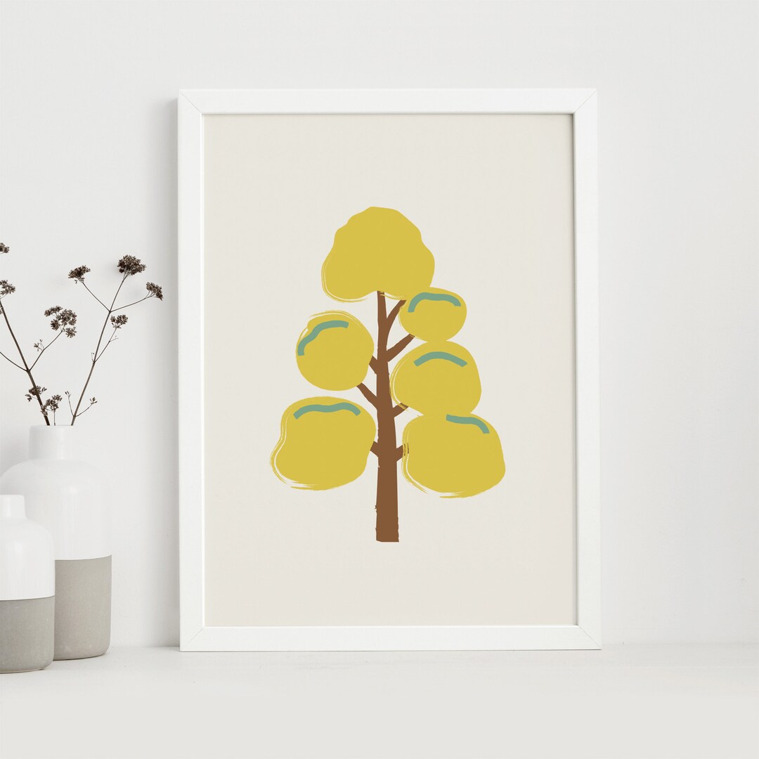 Yellow Tree Print, Organic Nature Art, Tree Illustration, Plant Drawing ...