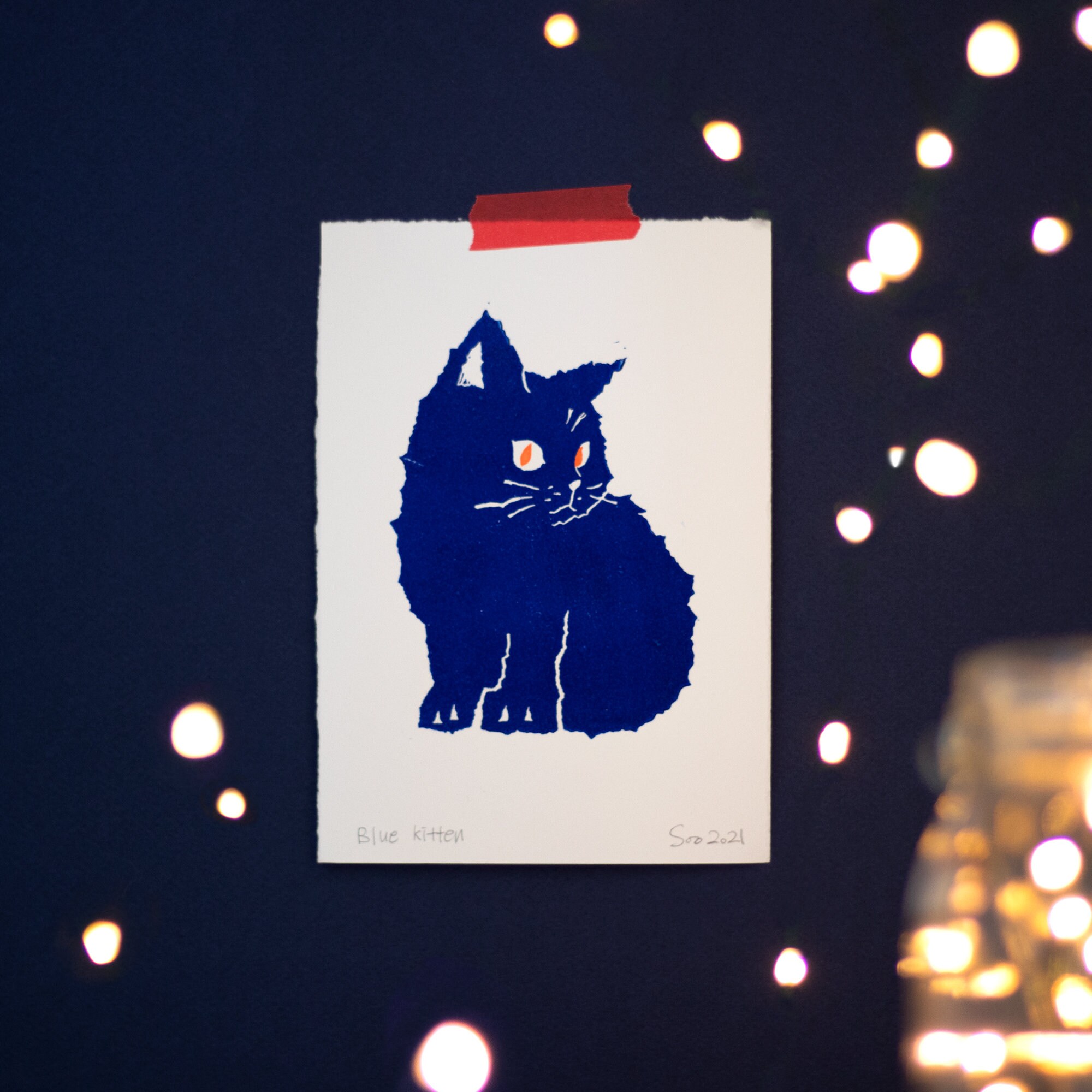 Blue Kitten Linocut Print Cute Kitty Printmaking Little - Etsy UK