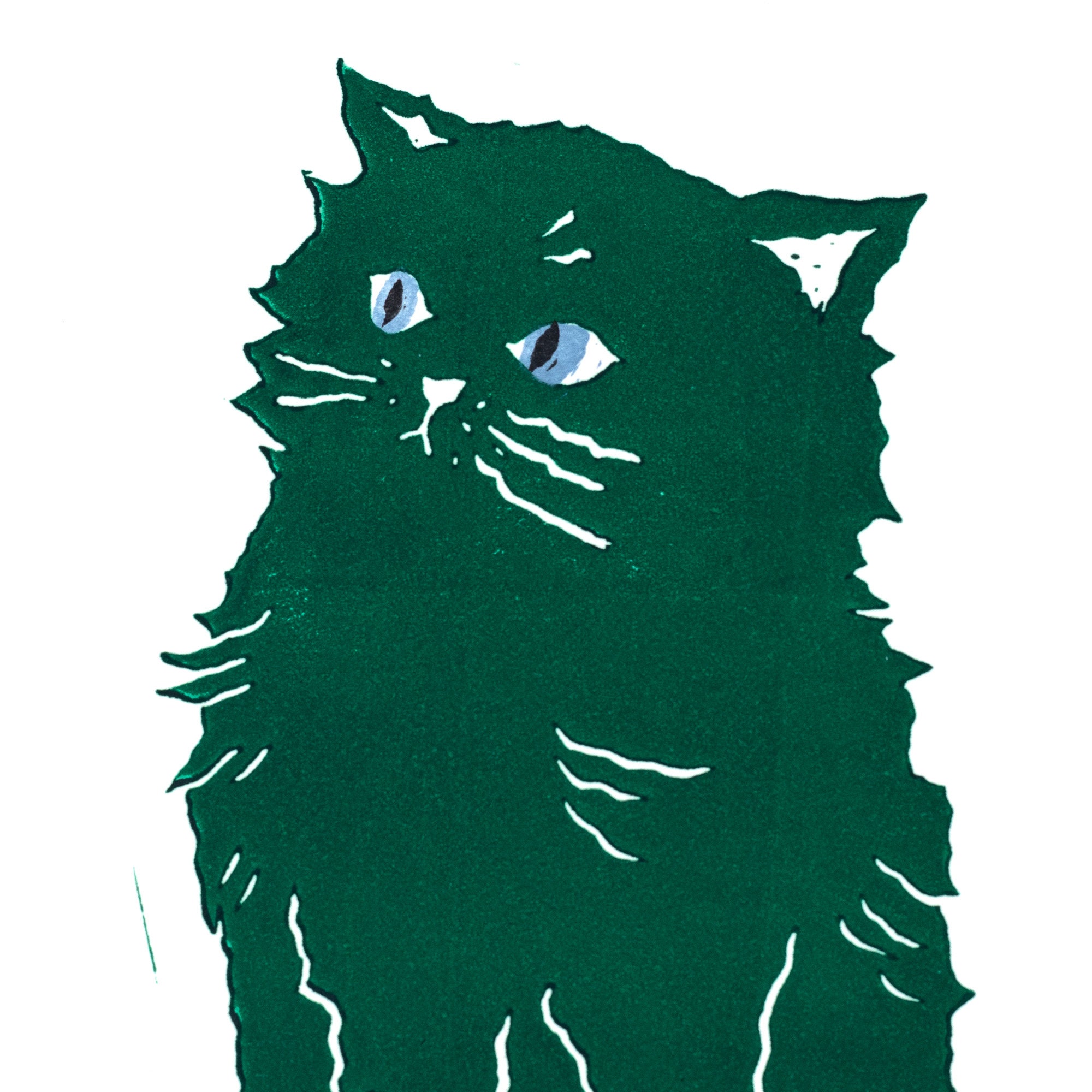 Green Kitten Linocut Print, Cute Kitty Printmaking, Little Kitten Lino ...