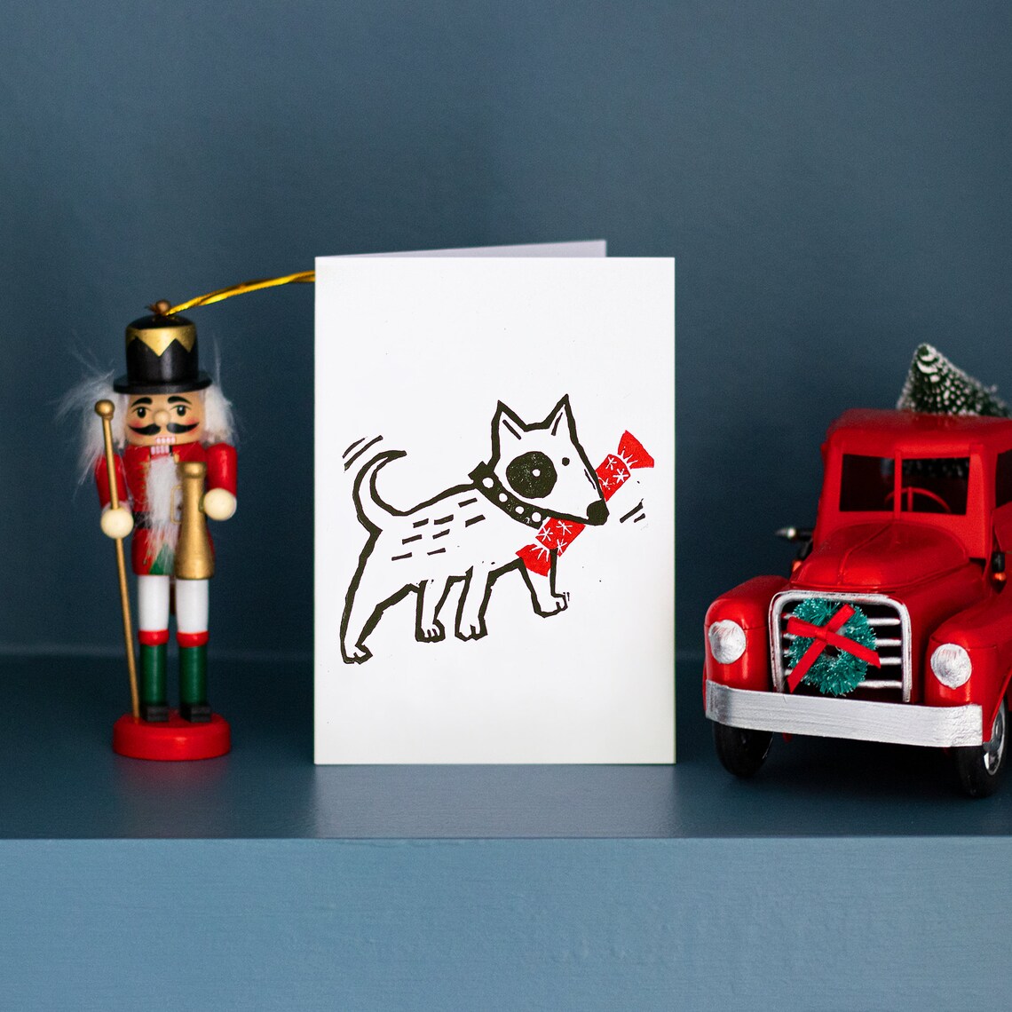 Bull Terrier Christmas Linocut Card, Staffordshire Xmas Card, Handmade ...