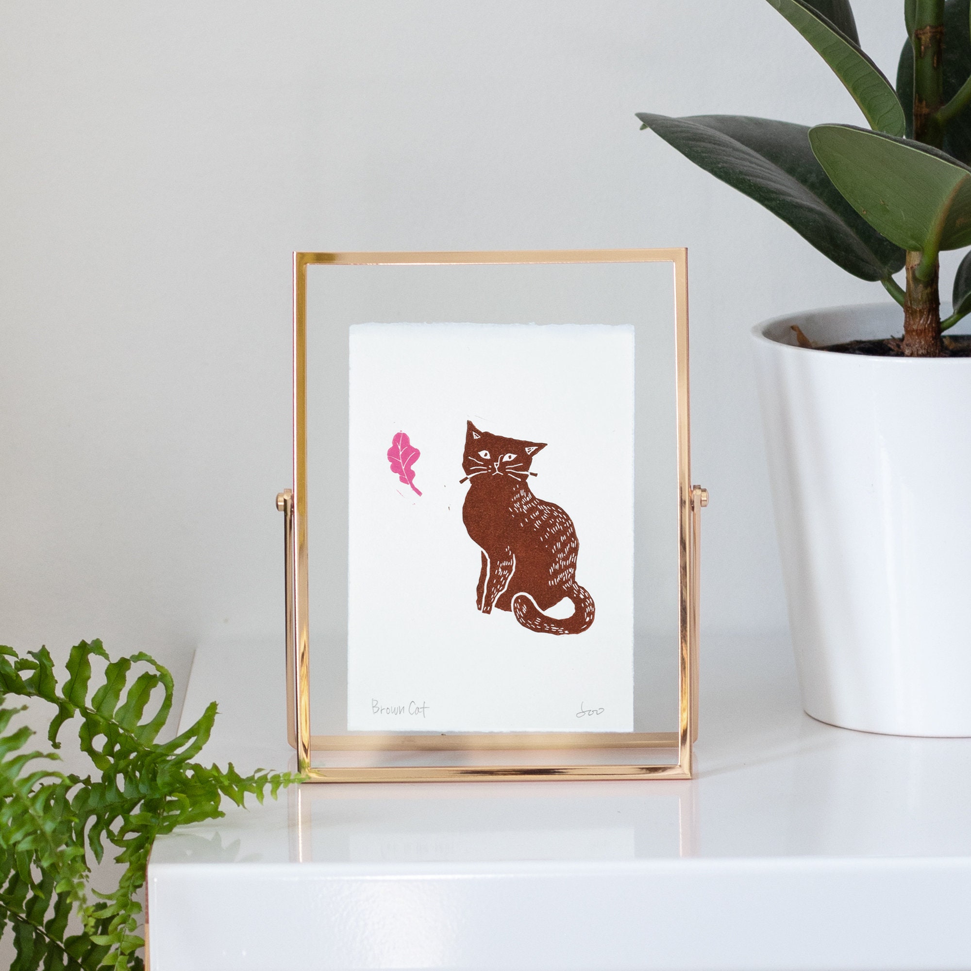 Brown Cat Linocut Print, Cute Cat Lino Block Printing, Cat With a Pink ...