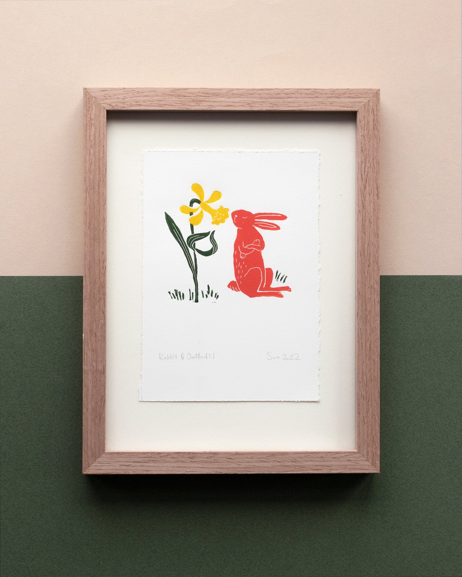 Rabbit and Daffodil Linocut Print Easter Bunny & Daffodil | Etsy