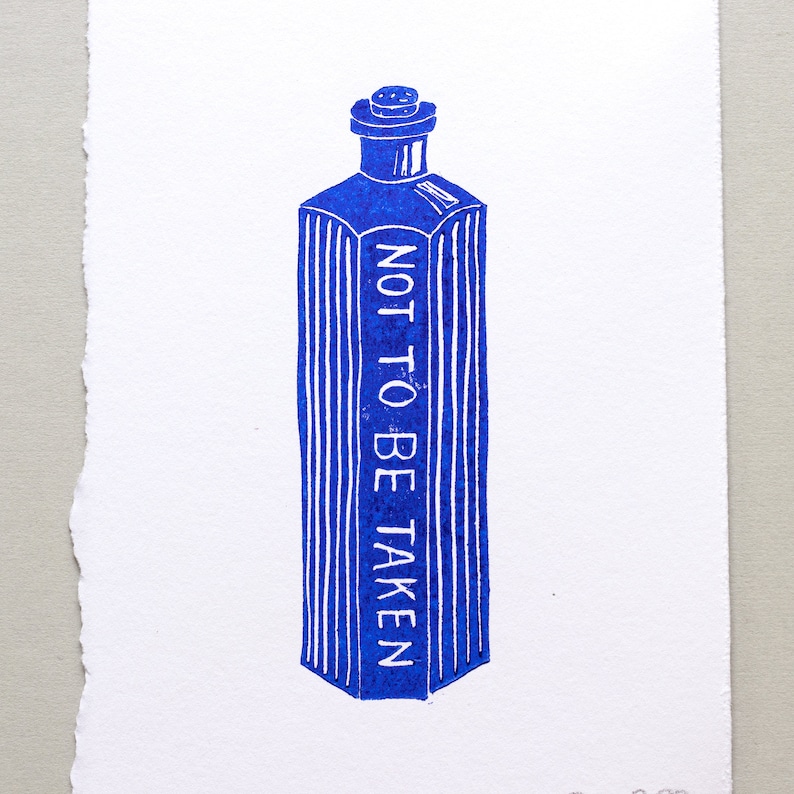 Blue Bottle Linocut Print, Vintage Bottle Lino Print, Original ...