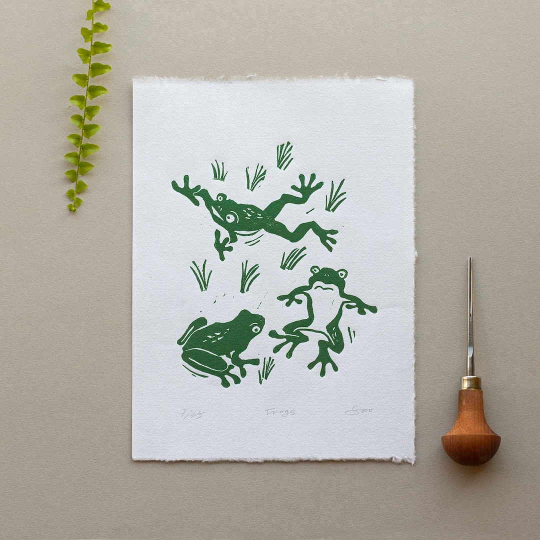 Lobfrogs Linocut Print, Handprinted Green Frogs, Toad Original Lino ...