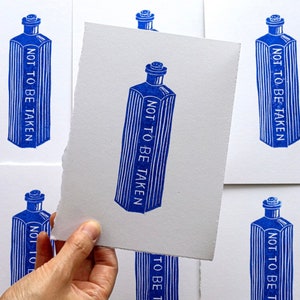 Blue Bottle Linocut Print, Vintage Bottle Lino Print, Original ...