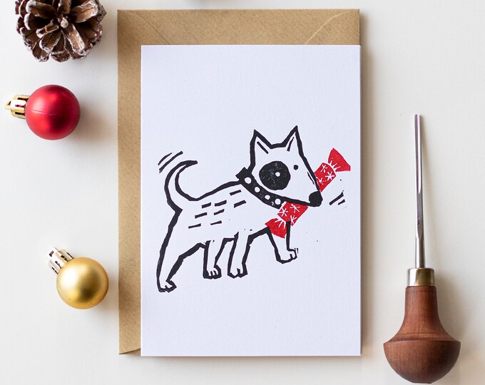 Bull Terrier Christmas Linocut Card, Staffordshire Xmas Card, Handmade ...