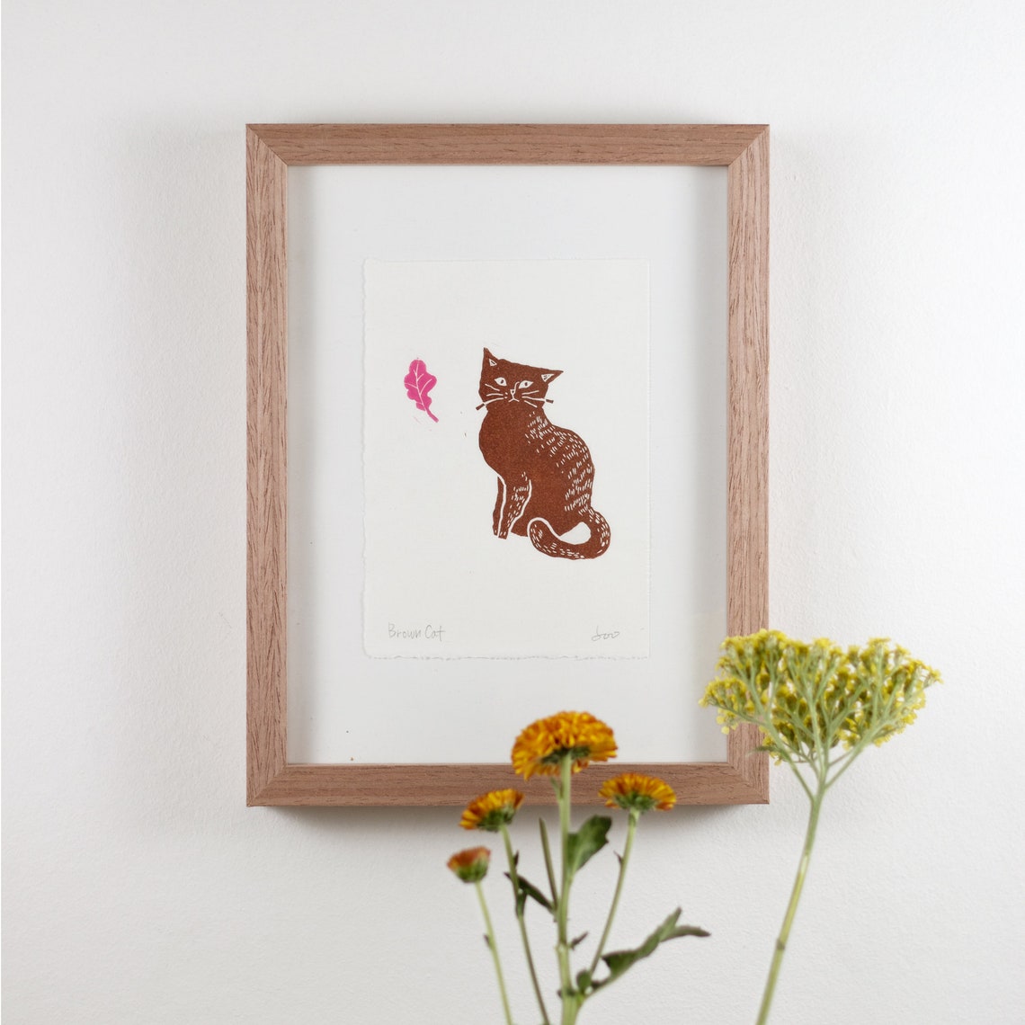 Brown Cat Linocut Print, Cute Cat Lino Block Printing, Cat With a Pink ...
