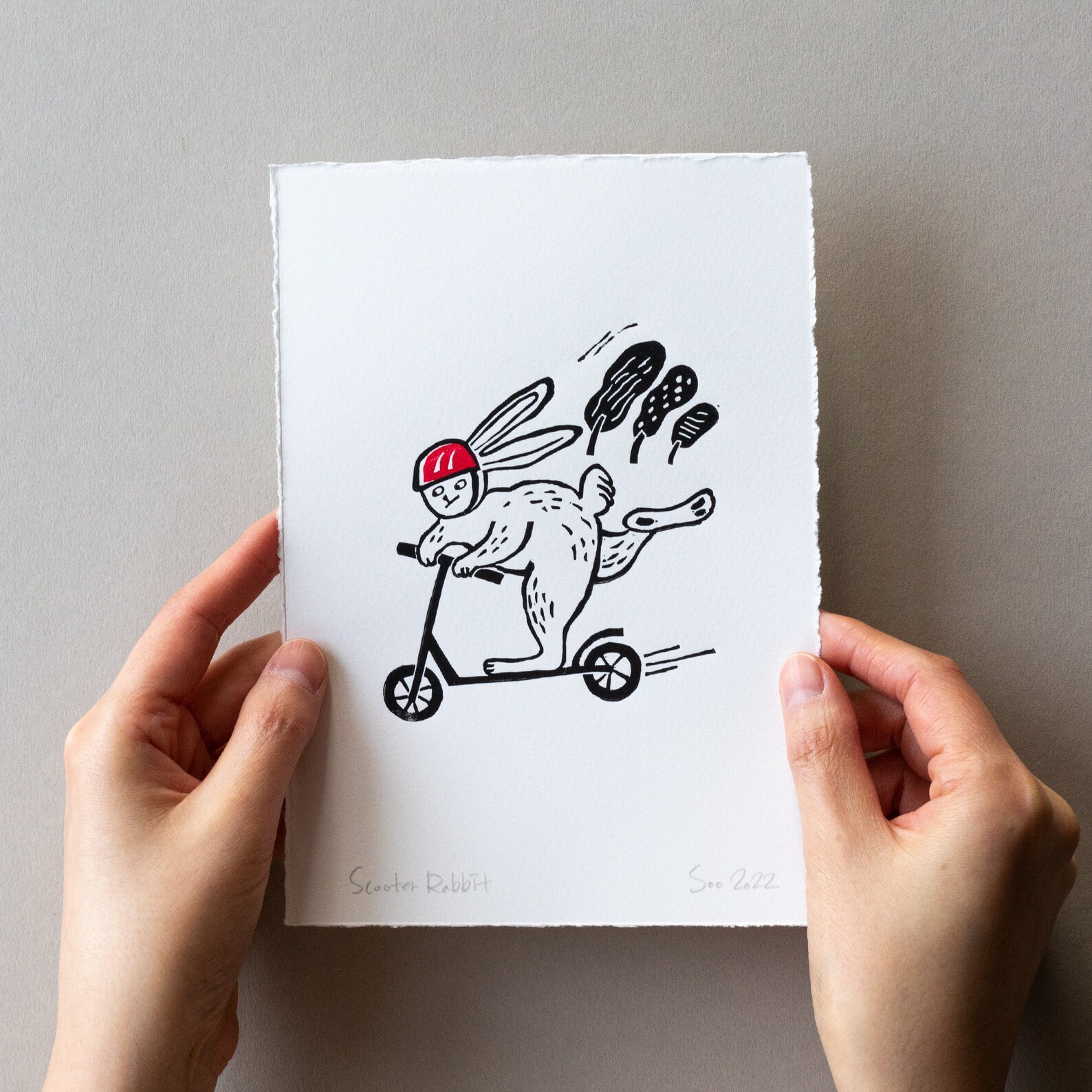Rabbit on Scooter Linocut Print, Scooter Rabbit Linoprint, Bunny on ...