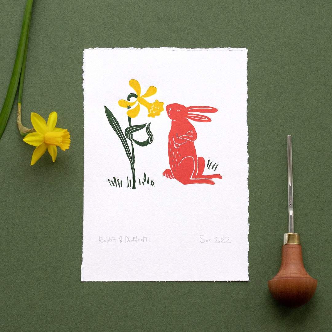 Rabbit and Daffodil Linocut Print, Easter Bunny & Daffodil Linoprint ...
