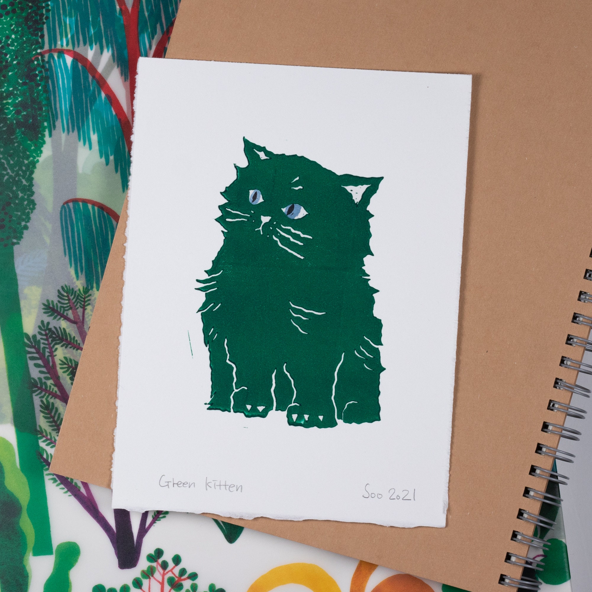 Green Kitten Linocut Print, Cute Kitty Printmaking, Little Kitten Lino ...