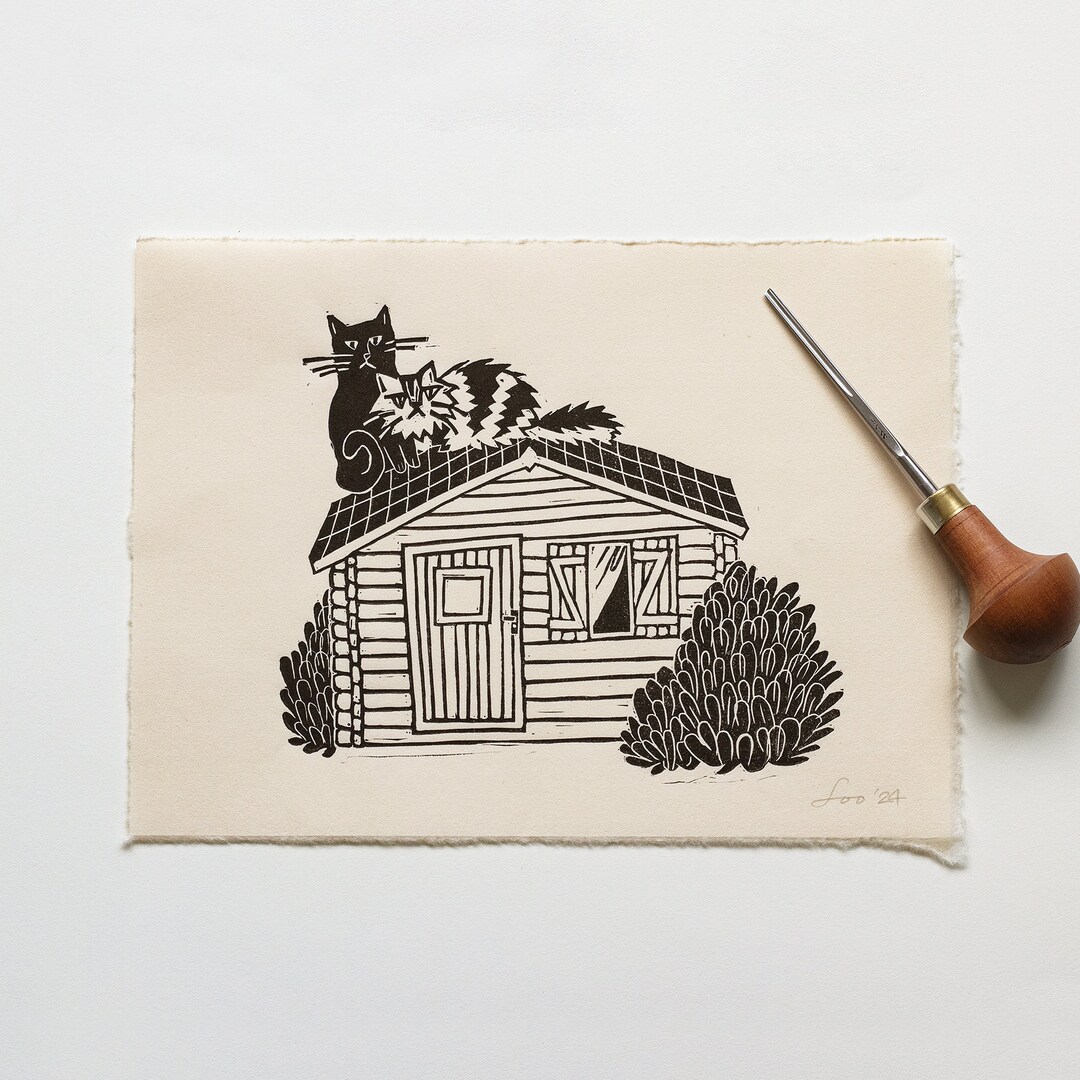 Couple Cat Linocut Print, Black and Fury Cat, Feline Duo Original Print ...