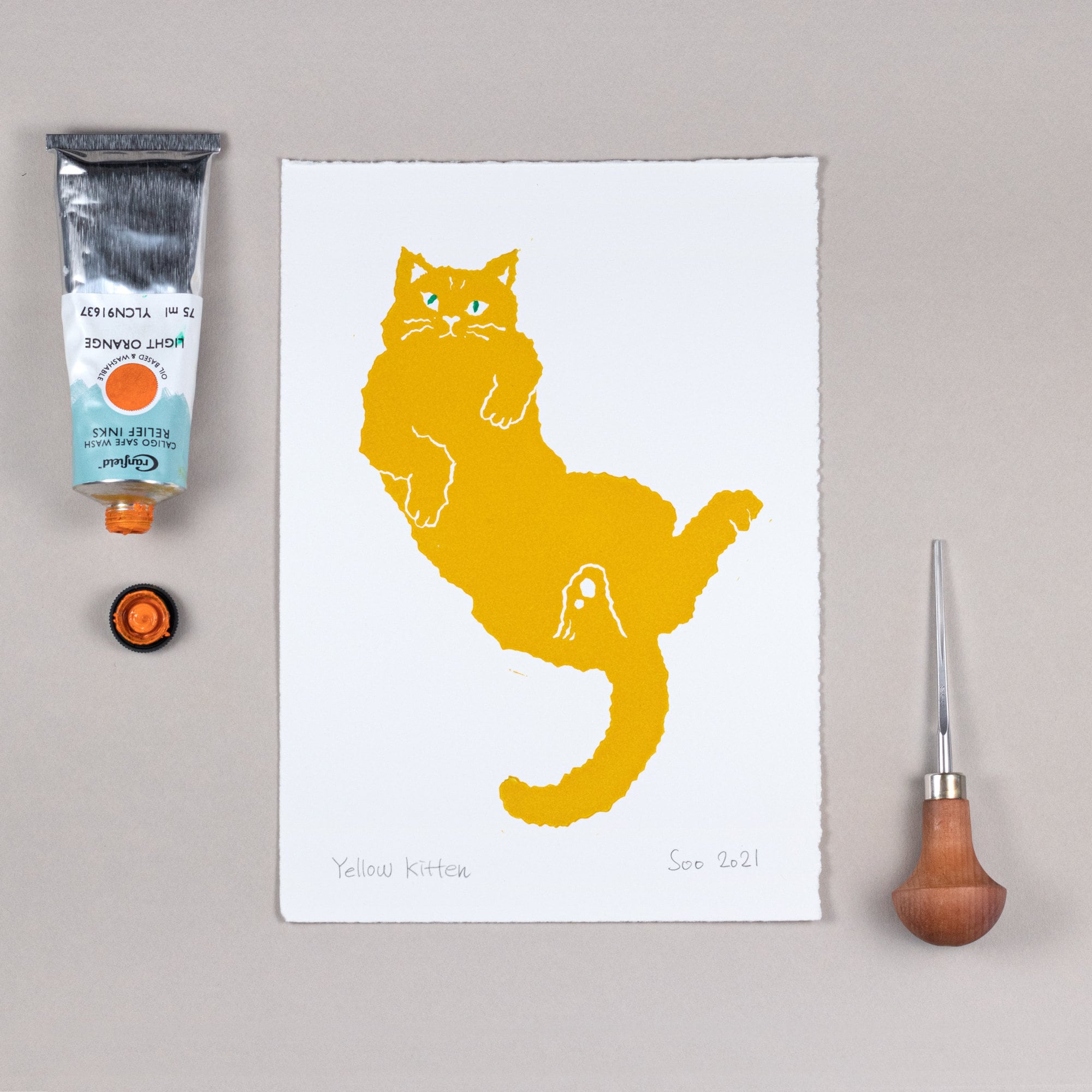 Yellow Kitten Linocut Print Yellow Kitty Printmaking Yellow - Etsy UK