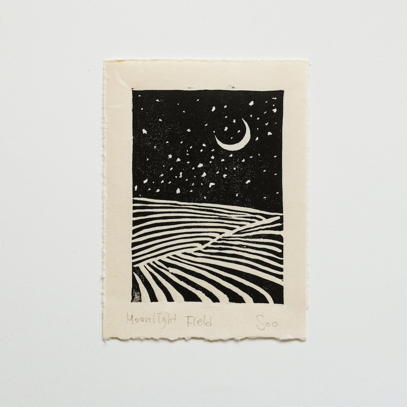 Moonlight Field Linocut Print, Night Field With Moon and Stars Print ...