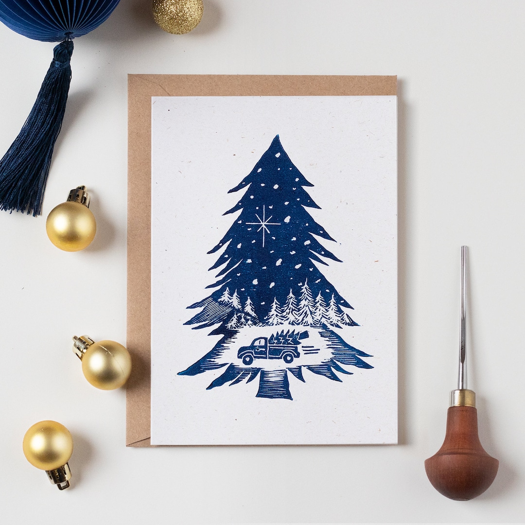 Christmas Tree Linocut Card, Snowy Night Seasons Greetings, Christmas ...