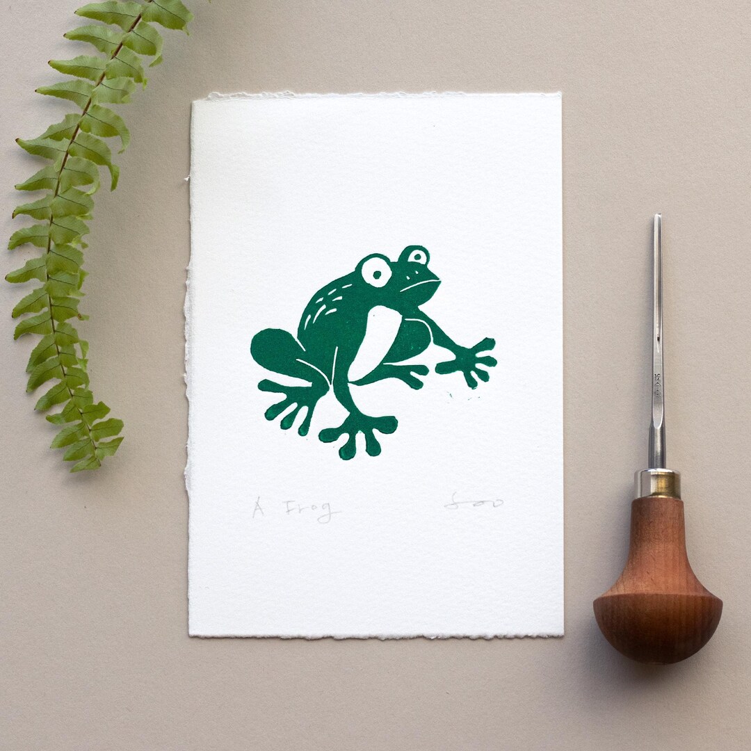 Frog Linocut Print, Handprinted Green Frog, Wildlife Original Lino ...